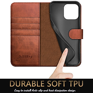 DuckSky for iPhone 14 Pro 6.1"Genuine Leather Wallet case 【RFID Blocking】【4 Credit Card Holder】【Real Leather】Flip Folio Book Phone case Protective Cover Women Men for Apple 14Pro 5G case Light Brown