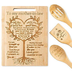Luiqs Vens 4Pcs Mom Cutting Board with Utensils Gift, Mother’s Day Cutting Board To My Mother in Law Tree Heart Engraved Bamboo Board Mom Gift Mother’s Day Birthday Present from Daughter Son
