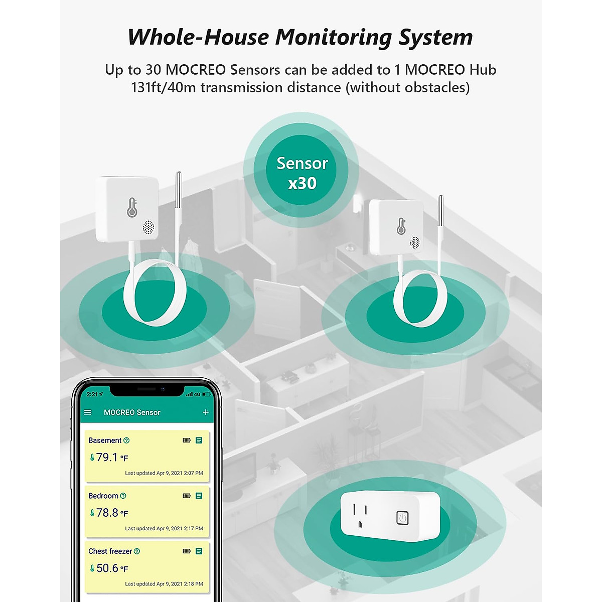 MOCREO ST5 WiFi Freezer Thermometer Alarm, Email Alert, App Notification, Data Logging Export, No Subscription Fee, Remote Temperature Sensor for Refrigerator, Freezer, Hot Tub (2 Pack)