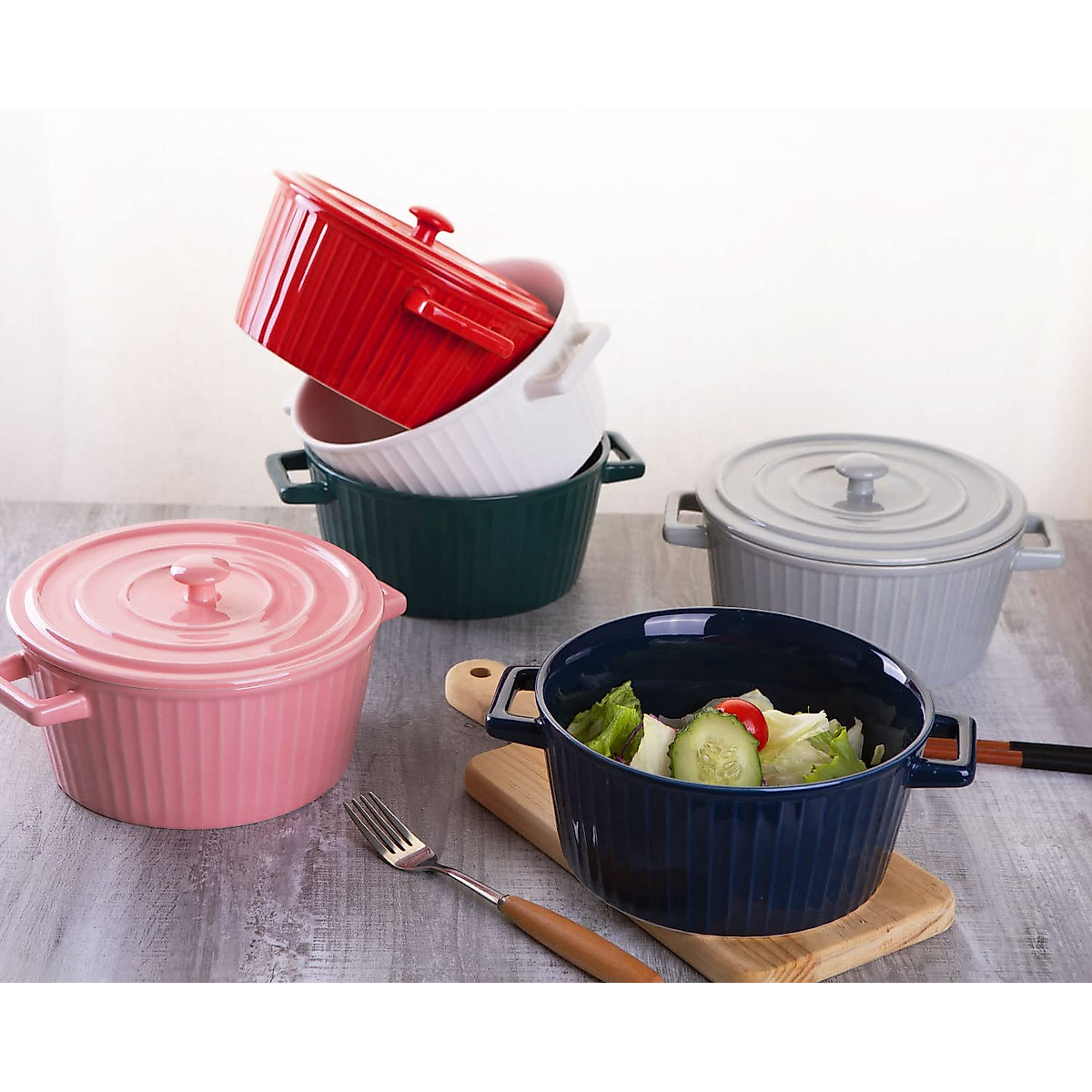 WHJY White Colorful Ceramic Casserole Dish with Lid，1 Quart Ceramic Casserole Pan for Bakeware Oven