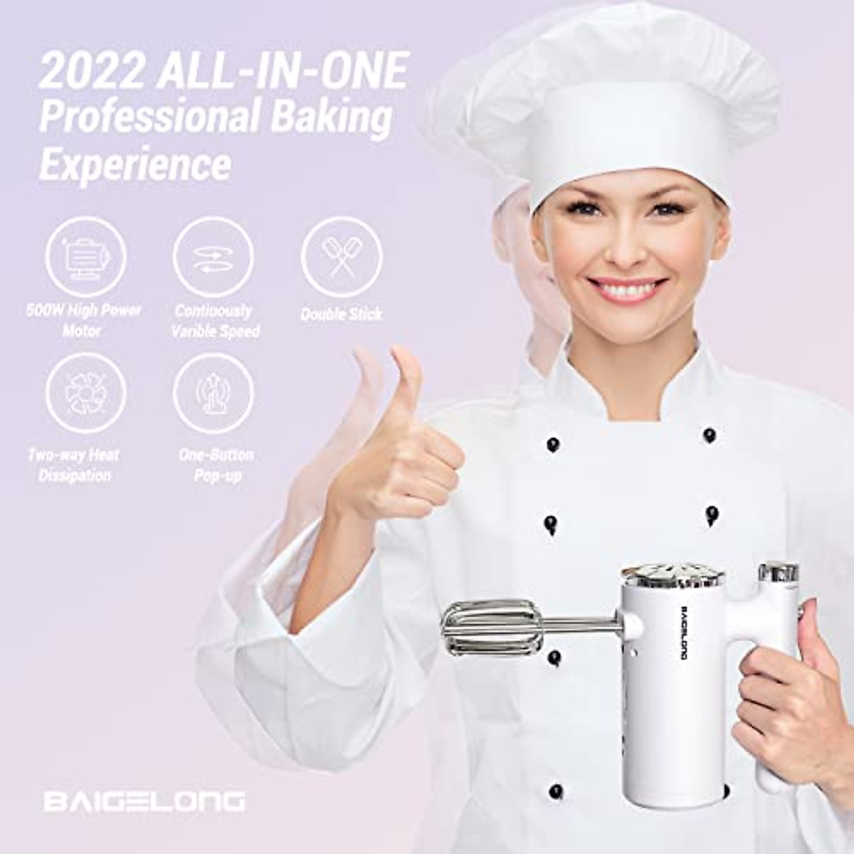 BAIGELONG Hand Mixer Electric, 500W Ultra Power Handheld Mixer with Continuously Variable Speed Control, 5 Stainless Steel Accessories Kitchen Mixer for Baking, Dishwasher Safe, White Silver