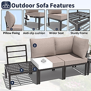 Rwnnad Modern Patio Furniture Set, 15 Pieces Modern Patio Conversation Set w/43in Gas Fire Pit Table, Outdoor Metal Sectional Sofa with Coffee Table, Sand