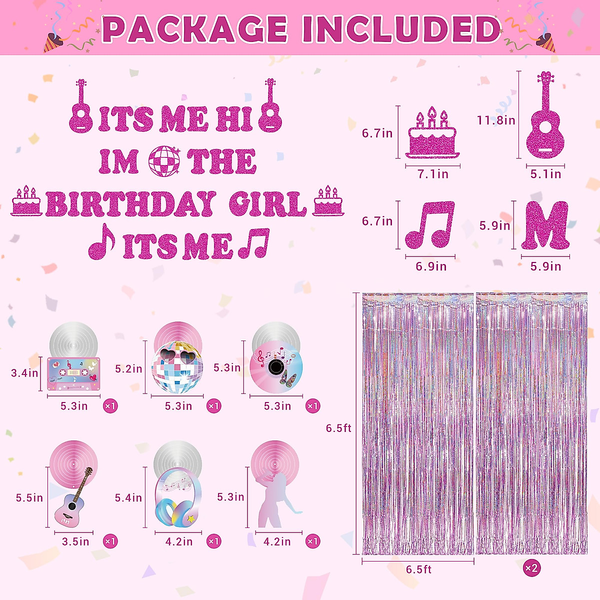 Glitter Popular Birthday Party Decorations Set - NO DIY - Its Me Hi Im The Birthday Girl Its Me Banner & Hanging Swirls & Foil Fringe Curtain for Pink Girls Fans Singer Birthday Party
