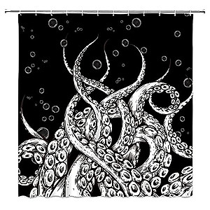 TFGGNDF 2 Piece Octopus Shower Curtain Sets with Bath Mat,White Octopus Tentacles Black Background Ocean Kraken 70"x 70" Bathroom Curatin with 12 Hooks and Bath Rugs