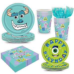 AURORAPARTY 120pcs Monster Birthday Party Supplies Inc Paper Plates Napkins Cups Forks Girl Boy Little Monster Birthday Party Table Decorations Disposable Cake Tableware Set for 24 Guests