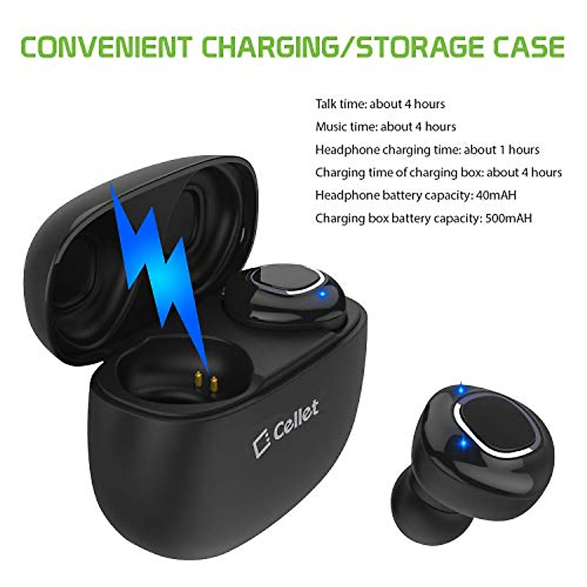 Cellet True Wireless Earbuds with Charging Case Compatible with All Bluetooth Enabled Device, Apple iPhone 12 Pro Max Mini 11 X XR XS Galaxy S21 20 S10 Note 20 10 9 Google Pixel Moto Nokia LG -Black