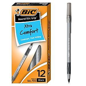 BIC Round Stic Grip Xtra Comfort Ballpoint Pen, Medium Point (1.2mm), Black, 12-Count