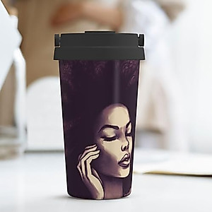 GTKSYNVE Reusable Coffee Mug with Lid and Handle, African Hair Black Women Tumbler for Hot & Cold Drinks 16oz Stainless Steel Insulated Coffee Tumblers Double Wall Vacuum Thermal Cup