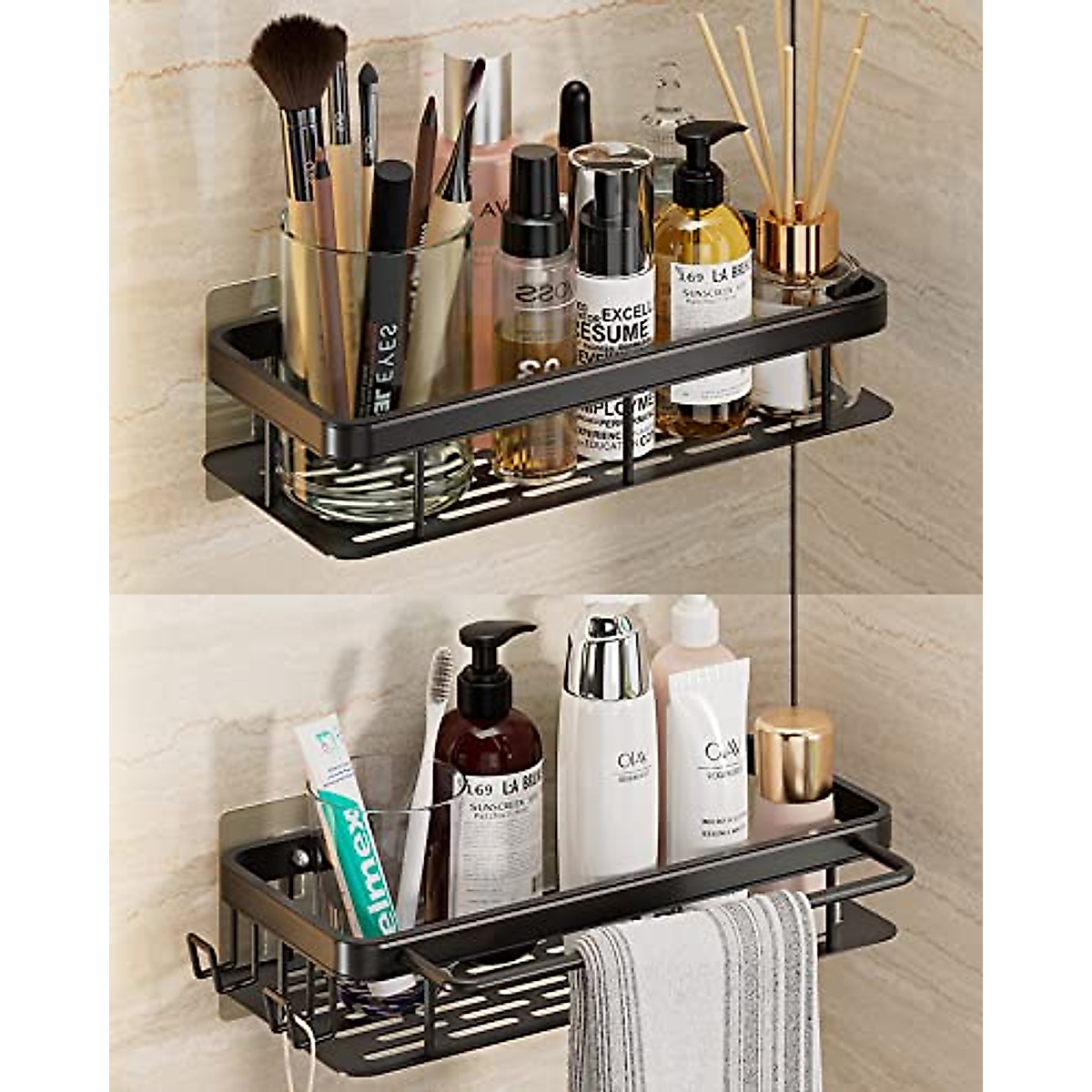 SPNDOB Shower Caddy, Adhesive Shower Shelves with Hooks No Drilling Rustproof & Waterproof Wall Mounted Bathroom Shower Organizer,Black.[2 Pack]