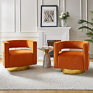 HULALA HOME Swivel Accent Barrel Chairs Set of 2, Modern Velvet Accent Chairs with 3D Curved Open Back & Swivel Gold Metal Base, Velvet Club Lounge Chairs for Living Room Bedroom Nursery, Orange
