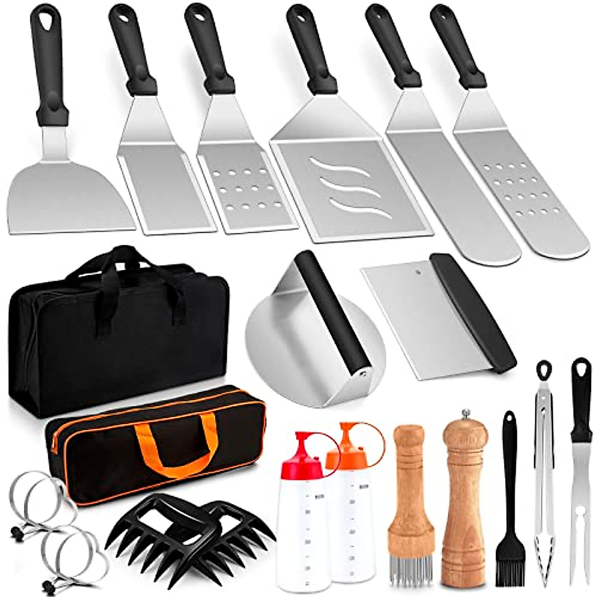 24Pcs Griddle Accessories Kit, Joyfair Outdoor BBQ Flattop Grill Tool Set, Heavy Duty Stainless Steel Spatulas/Scraps for Teppanyaki Camping Cooking, Burger Turner &2 Portable Bags, Dishwasher Safe