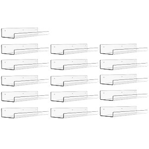 upsimples 16 Pack Acrylic Shelves for Wall Storage, 15" Floating Bookshelves for Kids, Display Shelf Organizer for Bathroom, Bedroom, Living Room, Kitchen, Room Decor, Clear