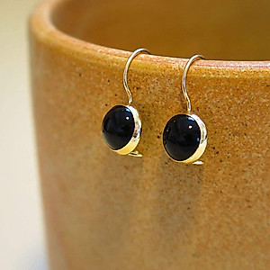 14K Gold Onyx Earrings - 14K Solid Yellow Gold Black Gemstone Drop Earrings, Dainty 8mm Round Stone, December Birthstone Leo Star Sign Birthday, Handmade Classic Elegant Jewelry Gift for Women
