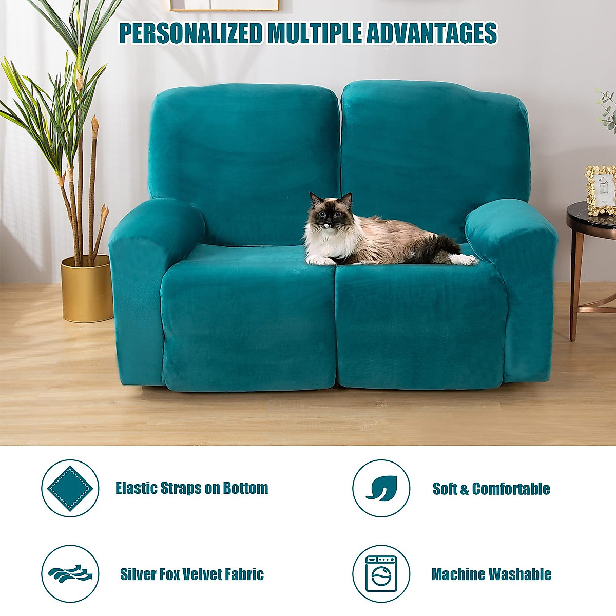 Loveseat Recliner Slipcover, 2 Seat Stretch Reclining Love Seat, Slipcover Recliner Loveseat Sofa Cover with Side Pocket, Anti-Slip Elastic Chair Covers Furniture Protector for Kids, Pets, Dog and Cat