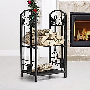 DAWNSPACES Firewood Rack with Fireplace Tools, 30 Inch 2-Tier Outdoor Log Rack Wood Holder Storage, Patio Log Stand, Heavy Duty Log Storage Bin Indoor for Fireplace with Leaves Pattern, Black
