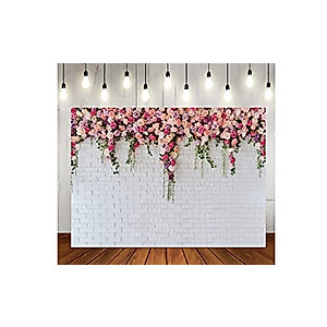 LTLYH 7x5ft White Brick Wall Flowers Backdrop Valentine's Day Theme Photography Backdrop Mother's Day Wedding Bridal Birthday Party Banner Decorations Backdrop 134
