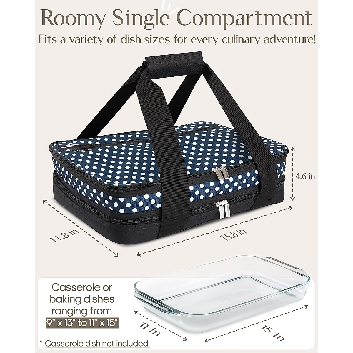 Premium Insulated Casserole Carrier with Heat-Resistant Mat for Hot or Cold Food – Fits 9”x13” or 11”x15” Baking Dishes, Lasagna Holder for Potlucks, Parties, Picnics, and Cookouts [Navy Polka Dot]