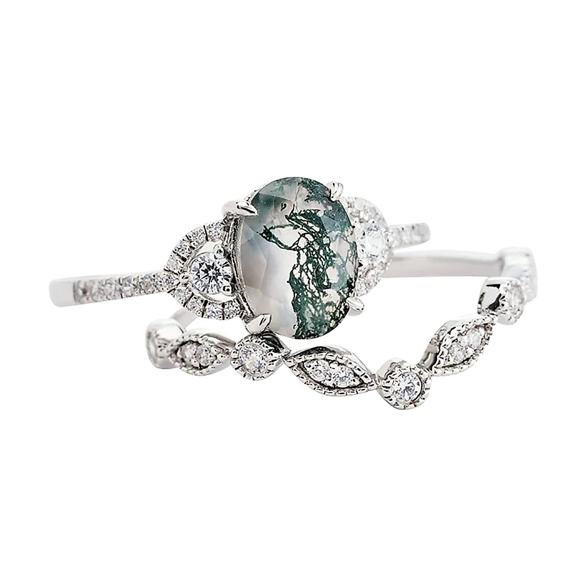 Self Love Rings Oval White Stone Ring Luxury Diamond Oval Green Plant Pattern Ring Wedding Engagement Jewelry Gift (Silver, 7)