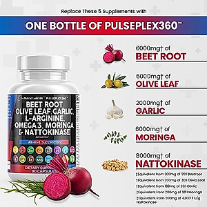 Beet Root Capsules 6000mg Olive Leaf 6000mg Nattokinase 4000 FU Garlic Extract 2000mg L-Arginine 400mg Omega 3 Red Yeast Rice Hibiscus Danshen - Healthy Support Supplement - 90 Ct