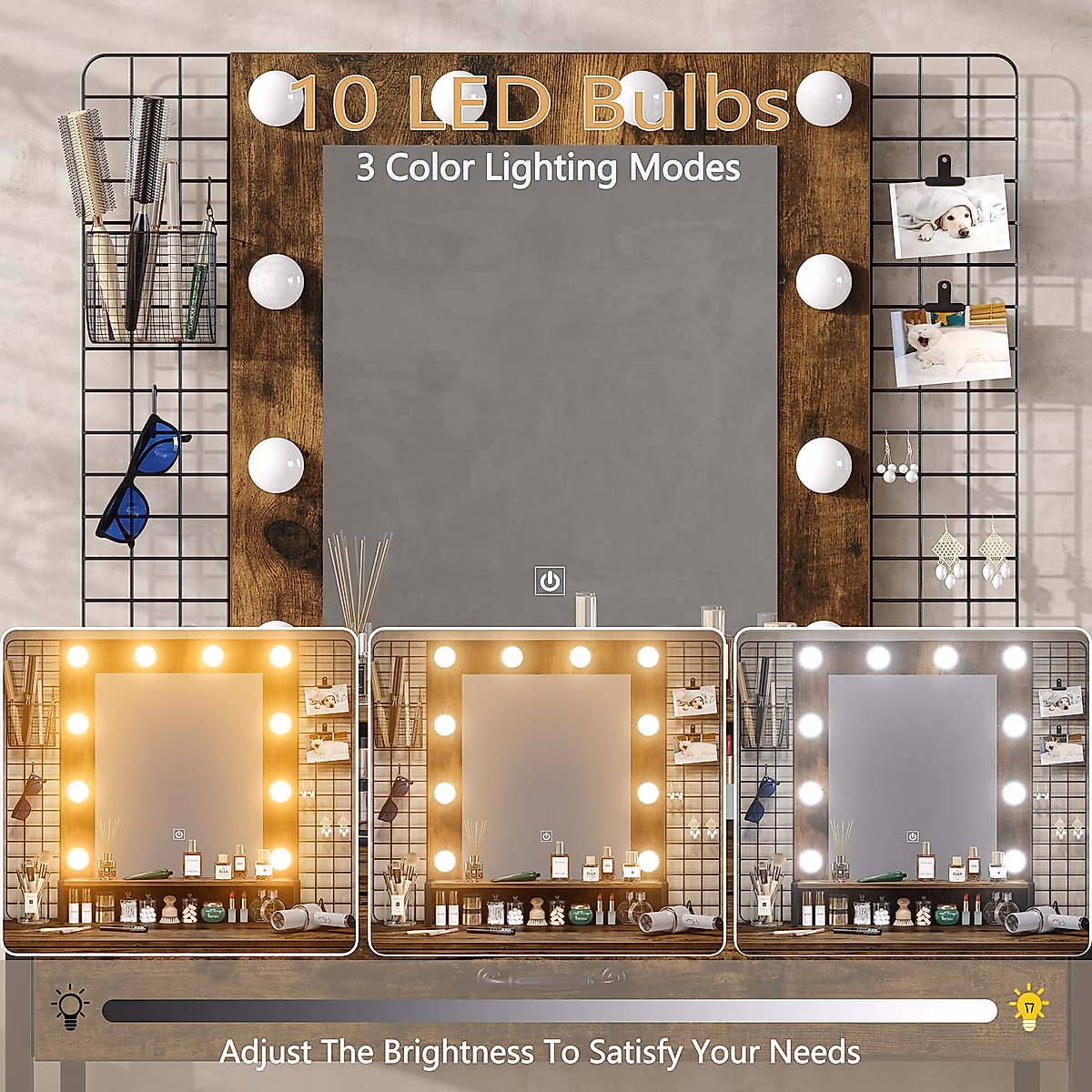 Furniouse Makeup Vanity Desk Set with LED Lights and Mirror, 33" W Makeup Table with Drawer & Charging Station, Dressing Table with Stool for Bedroom, Rustic Brown