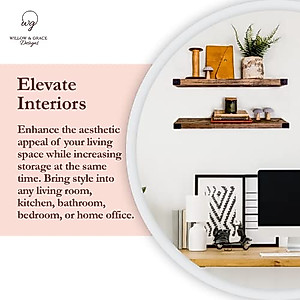 Willow & Grace Wall Mounted Wooden Floating Shelves, Wall Shelves for Bedroom, Bathroom, Living & Laundry Room, Kitchen, Storage & Decor - Rustic Farmhouse Small Wood Shelf - Walnut (24" Set of 2)