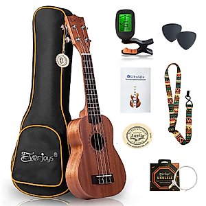 Everjoys Mahogany Soprano Ukulele Starter Kit - Professional 21 inch w/Case Strap Tuner Aquila Strings Pick (Natural Mahogany)