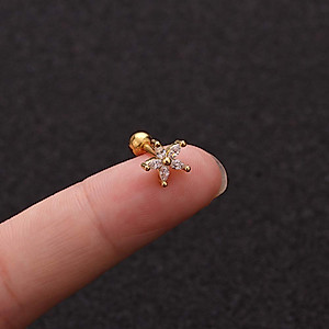 NewZenro Flower Cross 16g Ear Cartilage Helix Surgical Stainless Steel Cubic Zirconia Studs Cartilage Earrings Huggie Screw Backs Ear Tragus Auricle Nose Lip Piercing Jewelry Set (Gold)