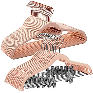 SONGMICS 50 Velvet Coat Hangers Bundle with 30 Skirt Hangers, Space-Saving Closet Organization, Swivel Hooks, for Shirts, Pants, Skirts, Light Pink UCRF21PK50 and UCRF12PK30