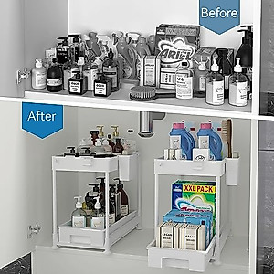SANHSEHOME 2 Pack Under Sink Organizer Bathroom Cabinet Kitchen Organizers and Storage 2 Tier Multi Purpose Under Sink Storage Shelf Organizer with Pull-out Sliding Drawers Hooks Hanging Cup White
