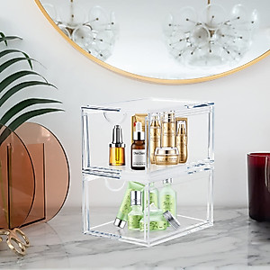 Stackable Cosmetic Organizer Storage Drawers, Set of 2 Acrylic Makeup Storage Organizer, Clear Storage Bins for Bathroom Vanity Countertop Bedroom Dresser Kitchen Cabinet Undersink and Pantry