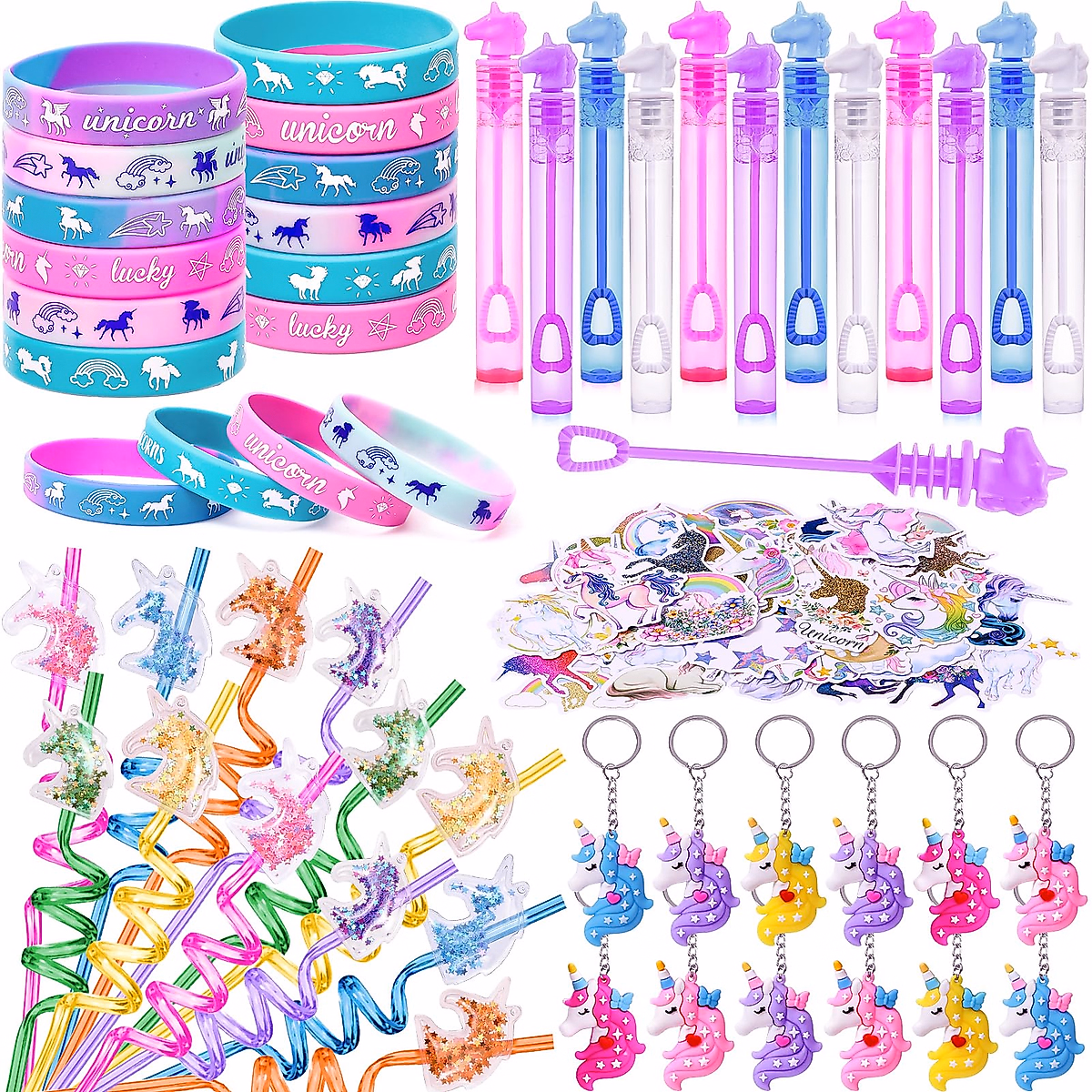 KELENO 98 Unicorn Party Favors Birthday Supplies for Girls Kids Straw Bubble Silicone Band Sticker Rainbow Unicorn Toy Gift Filler Goodie Bag Stuffer Unicorn Party Supplies