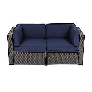 Patiomore 2 Pieces Outdoor Wicker Loveseat, Patio Rattan Sectional Furniture Corner Sofa Set All-Weather Black Brown Wicker with Removable Cushions for Balcony, Backyard, Garden (Dark Blue)