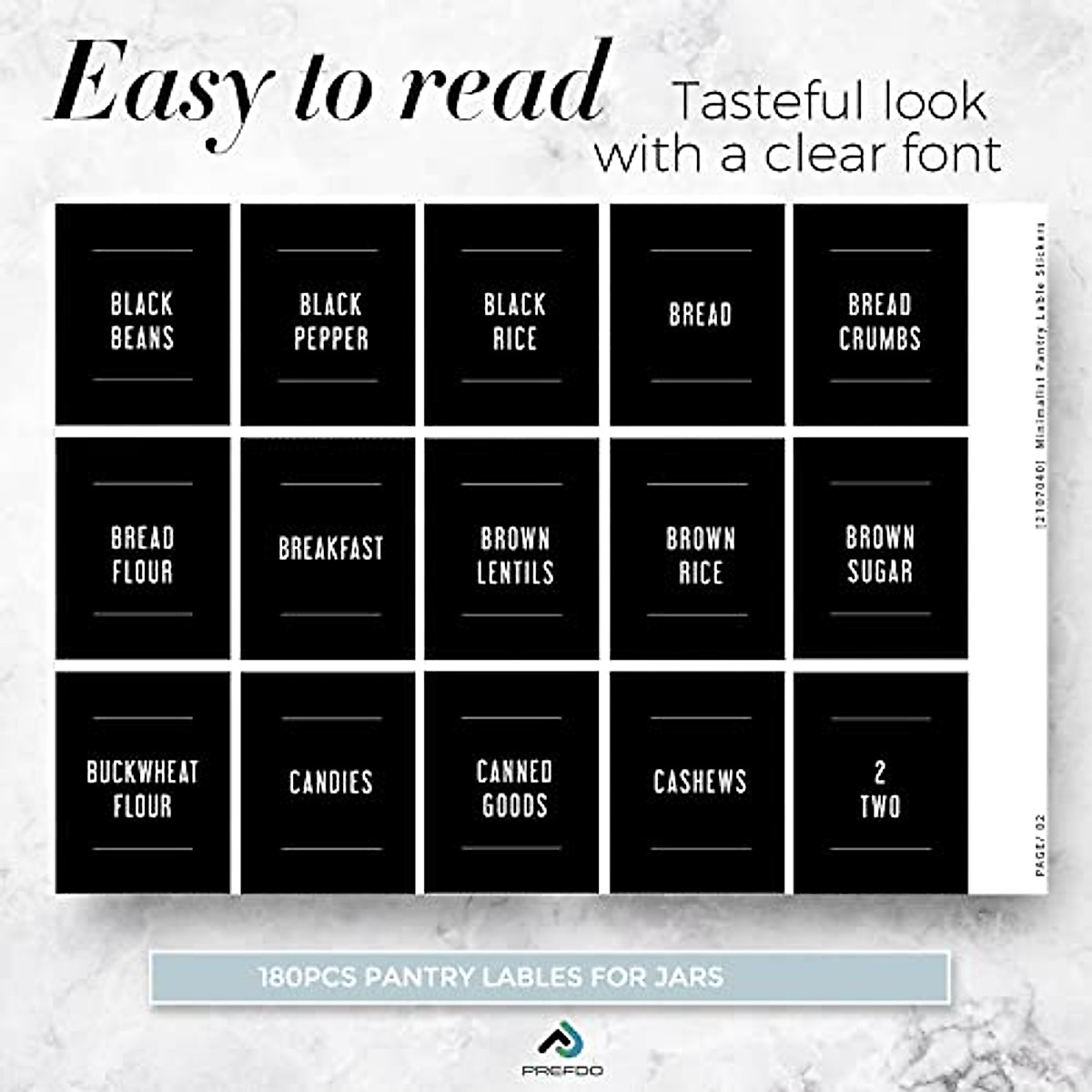 180 Preprinted Pantry Labels, Prefdo Waterproof Minimalist Food Label Stickers Set to Kitchen Organization Storage Containers, Jars & Canisters（Black）