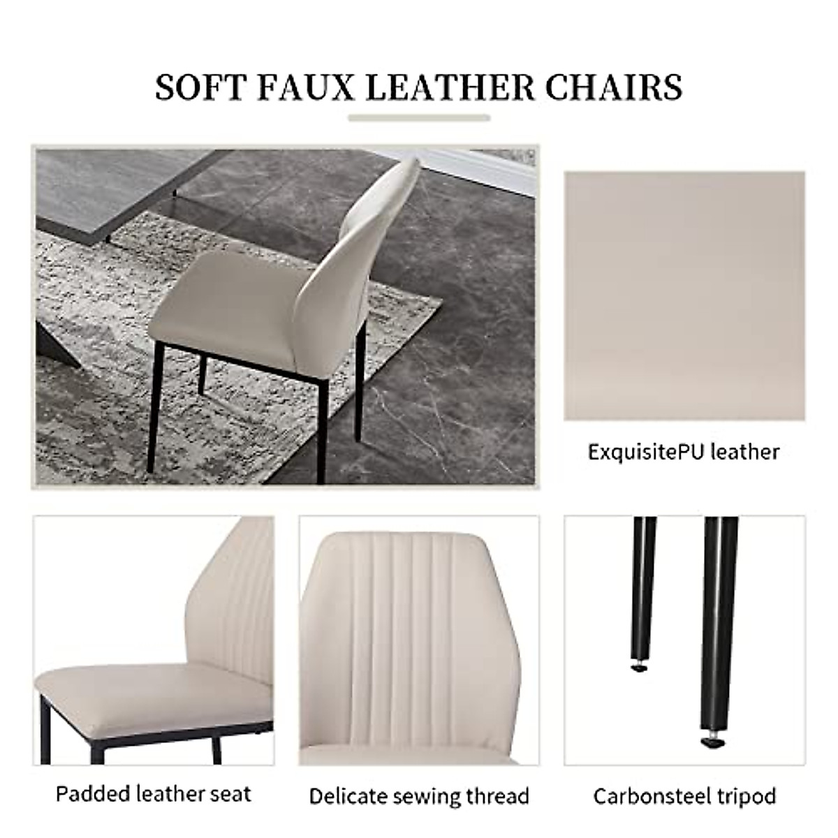 ZckyCine 6-8 People Modern Dining Table Rectangular Kitchen Space-Saving Expandable Metal Frame (Gray + 6 Beige Chairs)