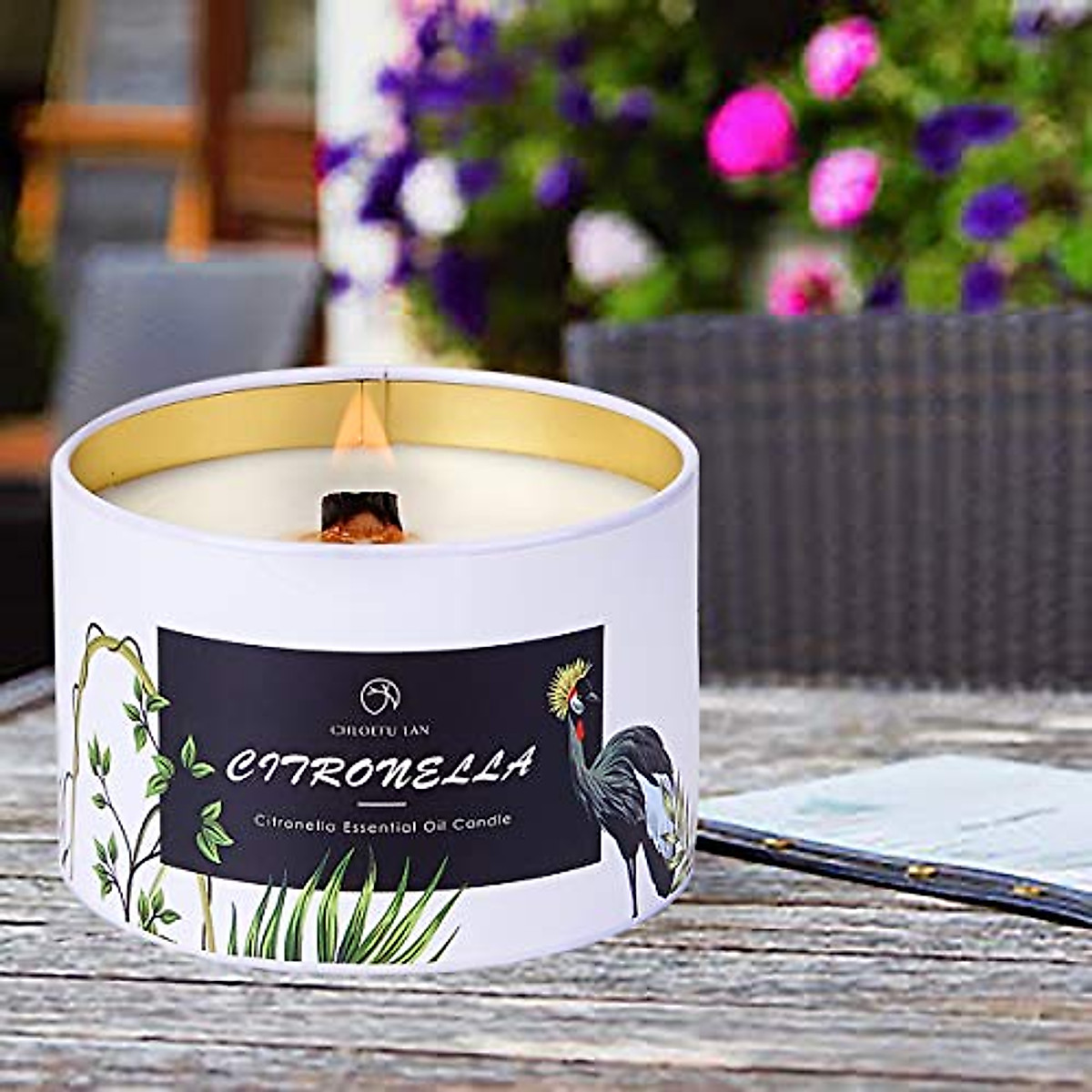 CHLOEFU LAN Citronella Candles Outdoor and Indoor 12.4 Oz Large Scented Candles with Pure Lemongrass Essential Oil and Natural Soy Wax for Garden Patio Yard Home Balcony, Wood Wicked Candles 2 Pack