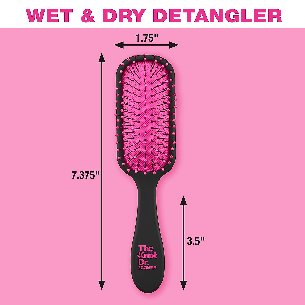The Knot Dr. for Conair Mini Hair Brush, Wet and Dry Detangler, Removes Knots and Tangles, For All Hair Types, Pink