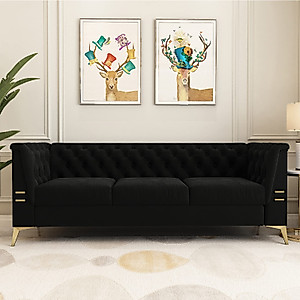 Tomkate Chesterfield Sofa, 82" Velvet Upholstered 3 Seater Couches with Flared Arms and Removable Cushions, Mid-Century Modern Sofa Couch with Solid Wood Frame and Gold Legs for Living Room (Black)