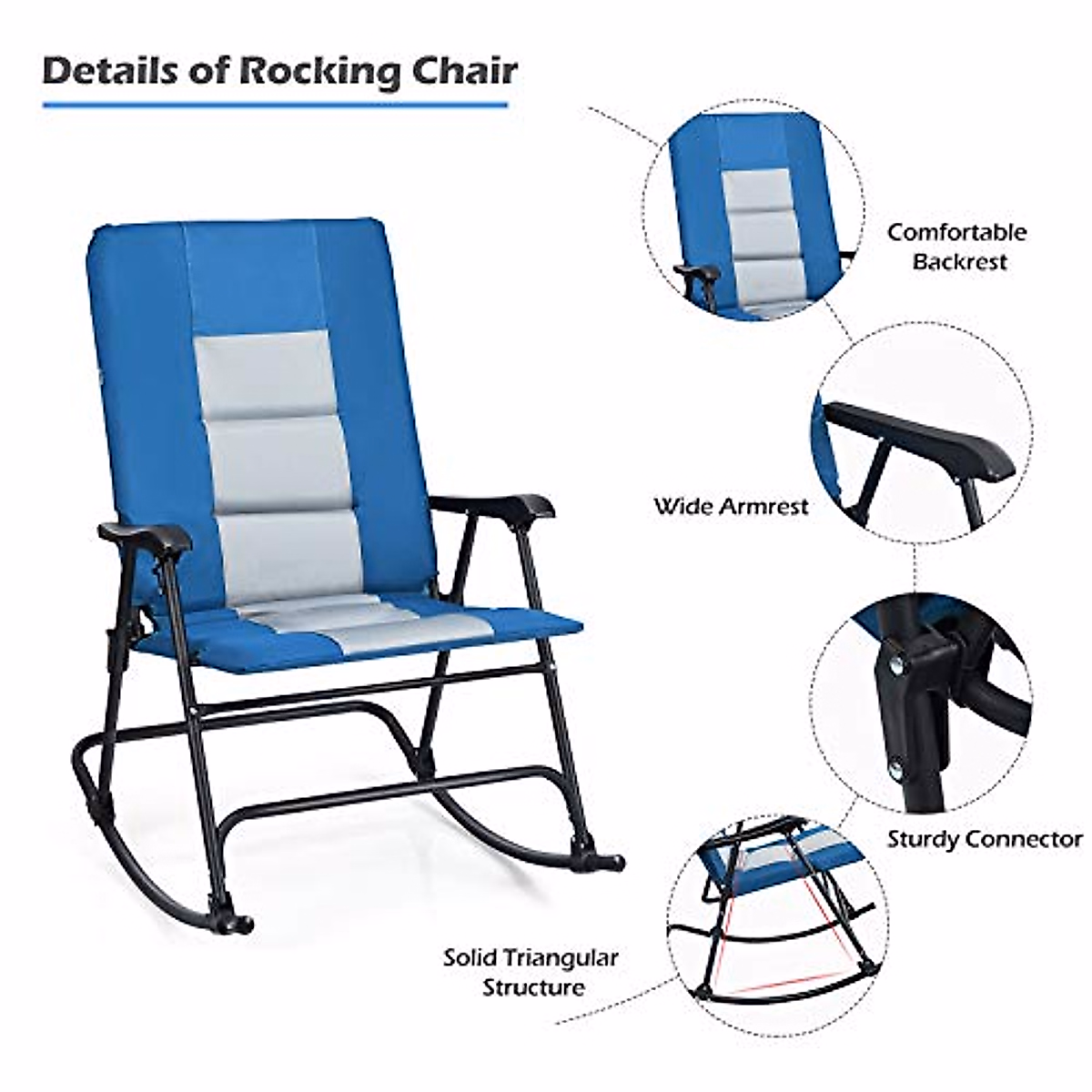 Giantex Camping Rocking Chair Fold-able Oversized with Padded Armrest and Seat Folding Lawn Chair 350 lbs Weight Capacity for Outdoor, Patio, Lawn, Backyard, Garden Portable Chair (1, Blue)
