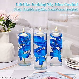 42 Pcs Blue Orchids Artificial Flower Vase Fillers for Floating Candles Wedding Table Centerpiece Blue Orchid and Unscented Floating Candles for Wedding Party Table Home Decoration
