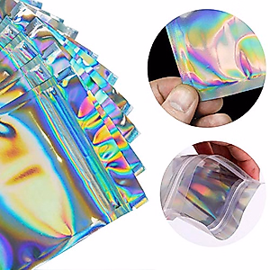 HAPPY COASTER CARDS 100 Pieces Smell Proof Bags - 3x5 Inches Resealable Mylar Bags Clear Zip Lock Food Candy Storage Bags Holographic Rainbow Color