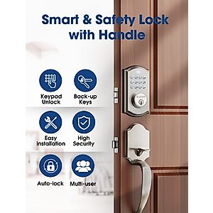 Keyless Entry Door Lock, Electronic Keypad Deadbolt with Handle, Auto Lock Front Door Handle Sets, Easy to Install, 50 User Codes, Security Waterproof Smart Locks for Front Door, Home/Hotel Use