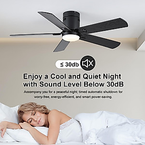 Flush Mount Ceiling Fan with Lights, 52’’ Black Ceiling Fan with Light, 3 Color Temperatures, 6 Fan Speeds, Timer Remote, Silent Reversible DC Motor, for Patio, Farmhouse, Bedroom