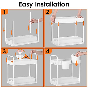GEMWON Under Sink Organizer, 2 Tier Sliding Bathroom Organizer Cabinet Storage with Hooks, Hanging Cups, Handles, Multi-purpose Under Sink Shelf Organizer for Bathroom Kitchen(2 Pack)