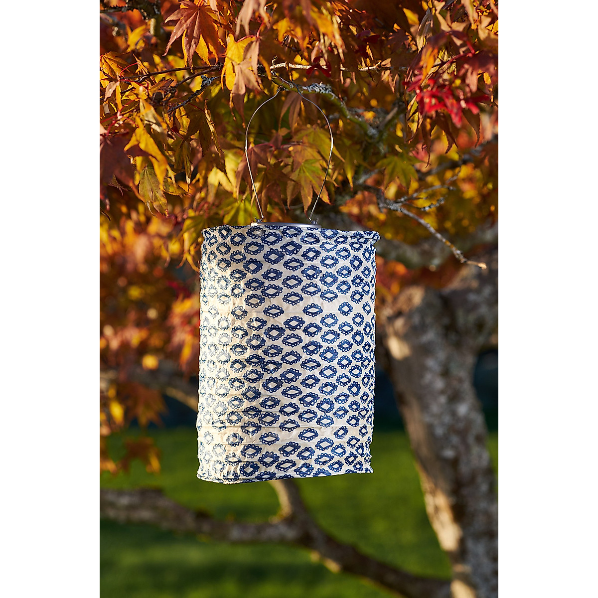 Allsop Home and Garden Soji Tribal Cylinder, LED Outdoor Solar Lantern, Handmade with Weather-Resistant UV Rated Fabric, Stainless Steel Hardware, Chinese Style Light, 1-Count