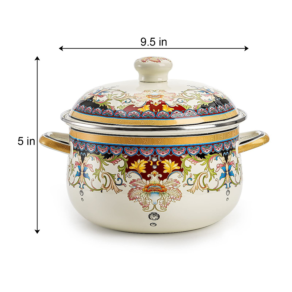 ZENFUN Kitchen Enamel Stockpot with Lid, 4.5 Quart Retro Flower Stew Bean Cooking Pot, Vintage Thicken Soup Pot with Handles, Nonstick, Safe for Induction Cookers, Gas Stove