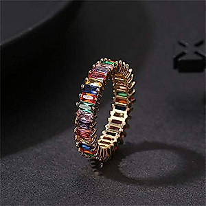 Rainbow Square Baguette Zircon Engagement Ring Colorful Cubic Zirconia Stackable Eternity Band Ring Gold Filled Copper Geometric Thin Line Multicolor Pava CZ Finger Ring for Women Party Jewelry-6