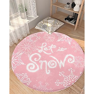 Pink Snowflake Fluffy Round Area Rug Carpets 3.3ft, Plush Shaggy Carpet Soft Circular Rugs, Non-Slip Fuzzy Accent Floor Mat for Living Room Bedroom Nursery Decor Merry Christmas Fantasy Winter Holiday