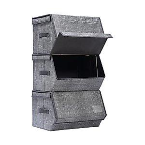 DOVAMY Stackable Storage Bins, Storage Drawers, 3 Drawer Storage Organizer, Storage Bin with Lid, Toy Box, Sock Storage, Fabric Shoes Storage Box, 15”L x 13.8”W x 9.8”H, Light Gray BTM0302