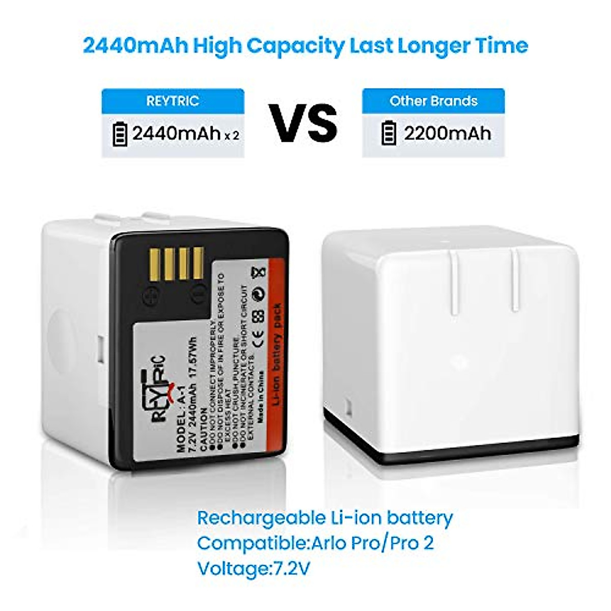 REYTRIC 2-Pack Batteries Compatible with Arlo Pro, Arlo Pro 2 (VMA4400), Upgraded 7.2V Rechargeable Lithium Li-ion Batteries Pack with Dual LCD Charger