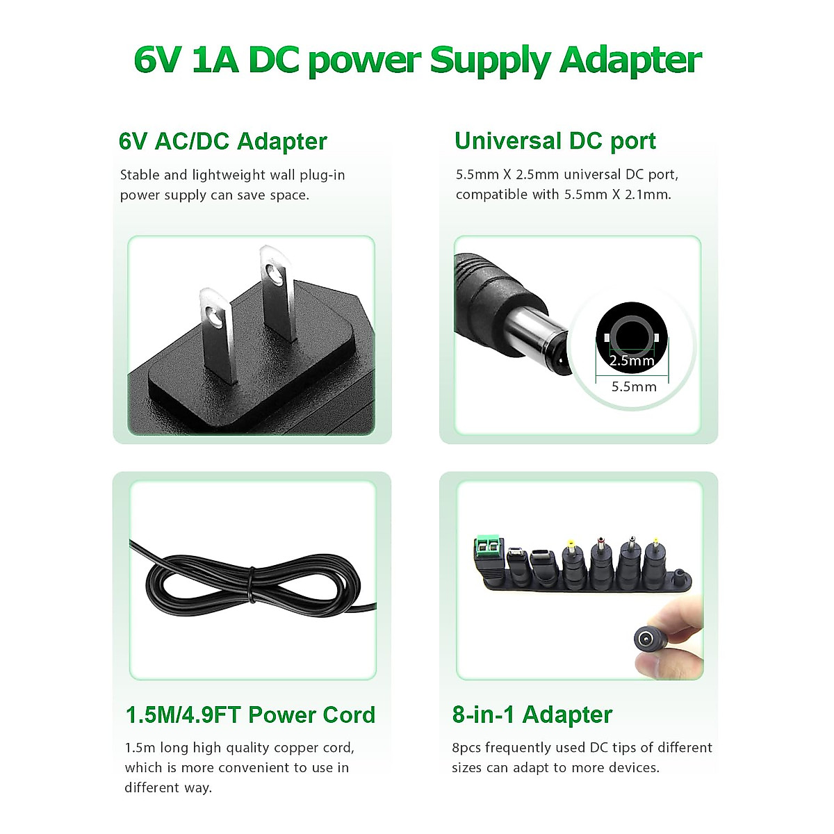 Arkare 6V 1A DC Power Supply Adapter for Speaker AC 100V-240V to DC 6 Volt 1Amp Charger for Trash Can Doorbell Alarm Monitor Baby Swing Electronic Scale Radio Speaker 6V Power Cord